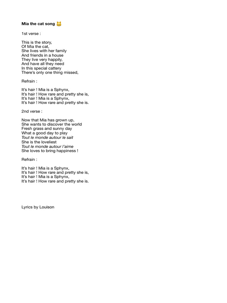 Mia the Sphynx Cat Song Lyrics | PDF