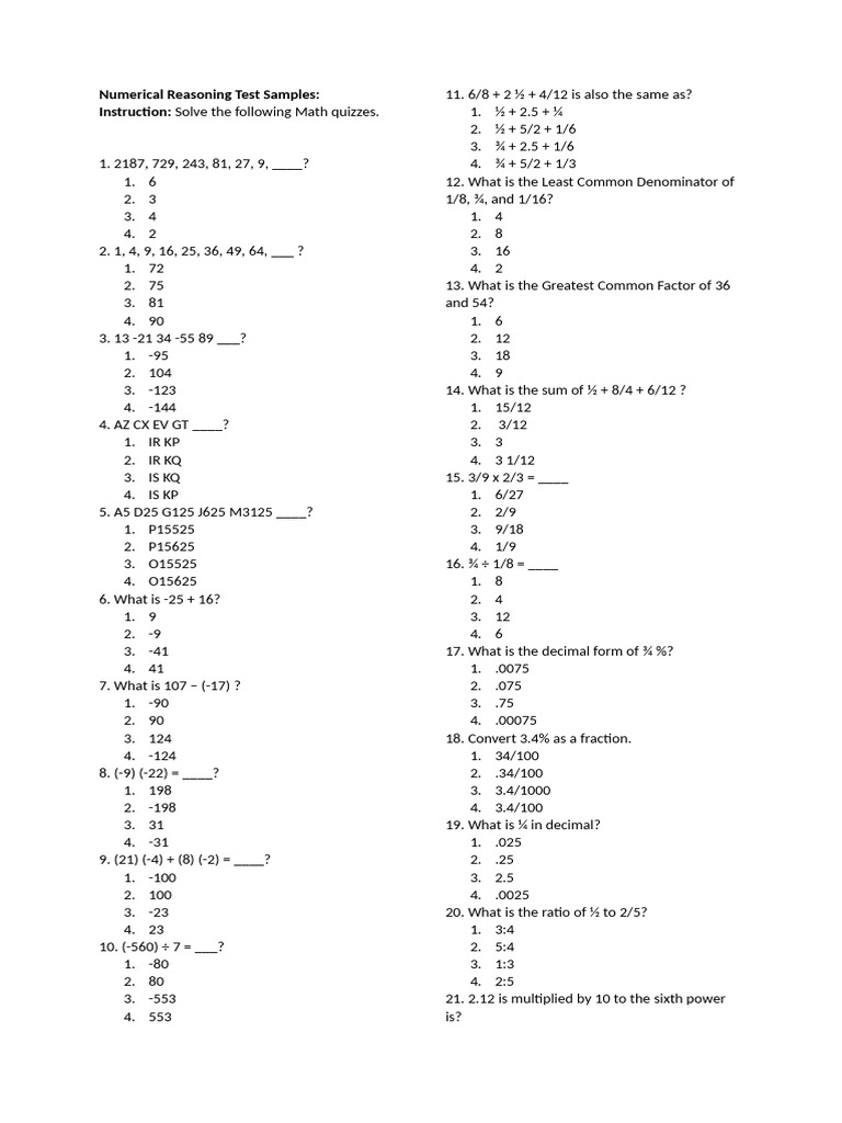 Numerical Reasoning Test Samples | PDF | Arithmetic | Mathematics