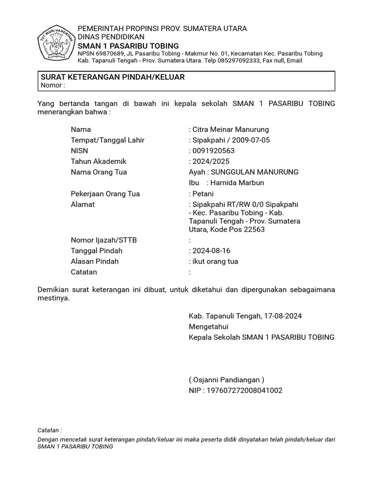 Surat Mutasi Citra Meinar Manurung | PDF