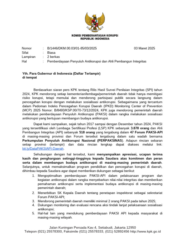 Surat Edaran KPK - Pemberdayaan PAKSI API Di Daerah | PDF