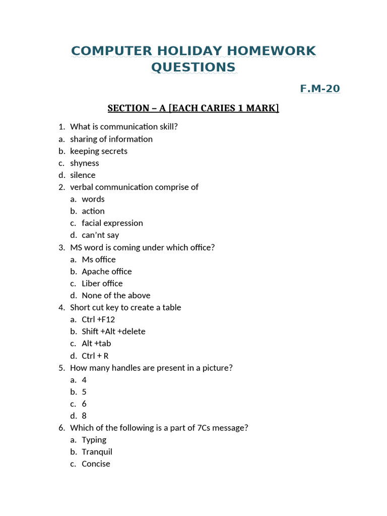 Computer Holiday Homework Questions | PDF