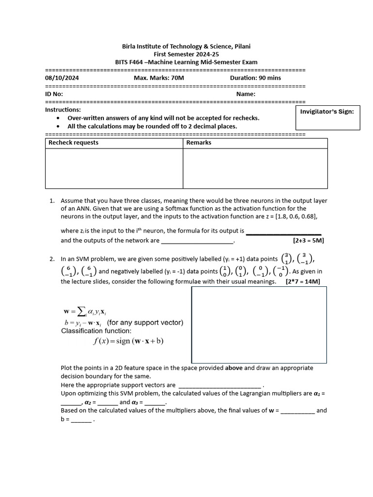 1160 BITS F464 20241220013738 Mid Semester Question Paper | PDF | Computational Neuroscience ...