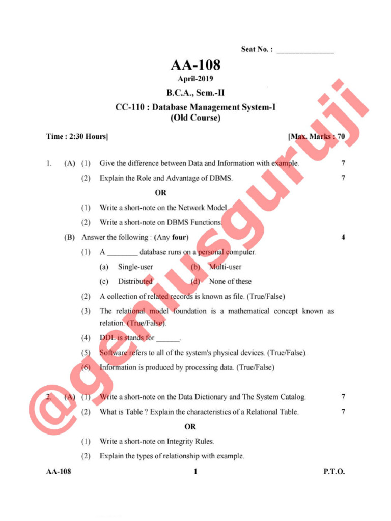 CC 110 Database Management System I 2019 | PDF