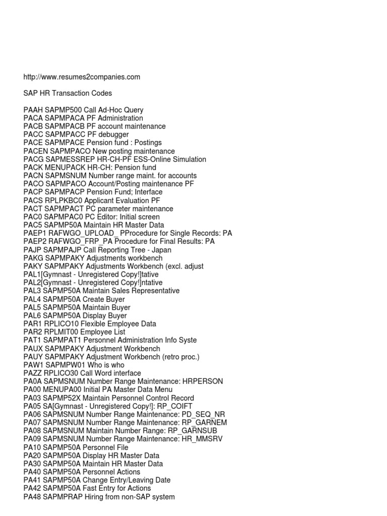 Sap HR Transaction Codes 204 | PDF | Per Diem | Credit Card