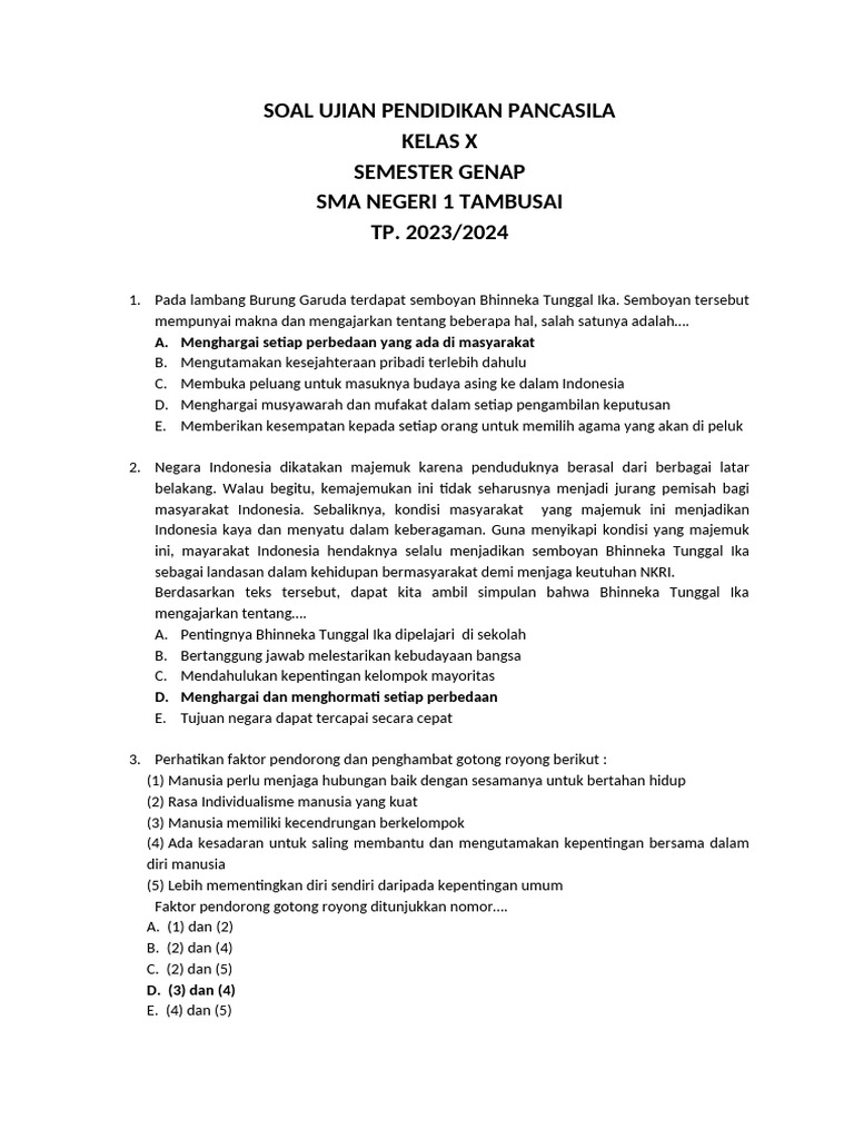 Soal Ujian PPKN X SMSTR Genap 2024 | PDF