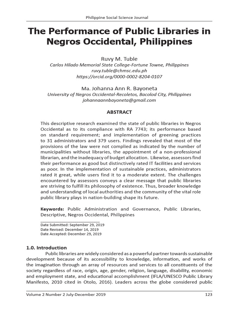 The Performance of Public Libraries in Negros Occidental Philippines ...