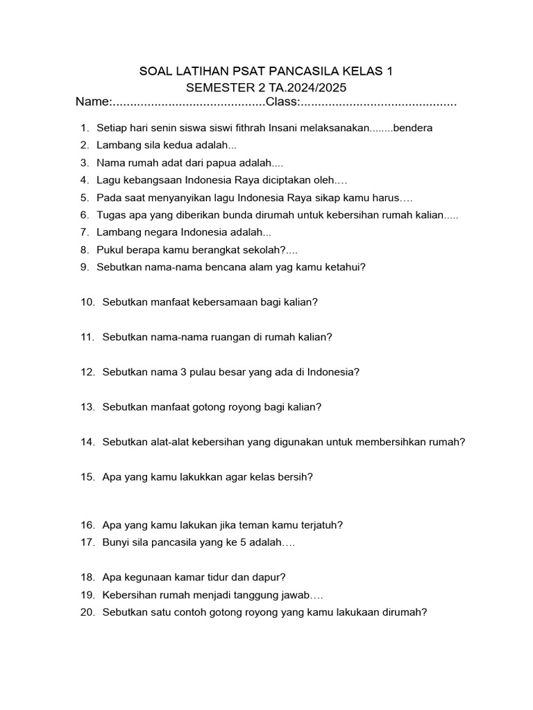 Soal Latihan Psat Pancasila Kelas 1 | PDF