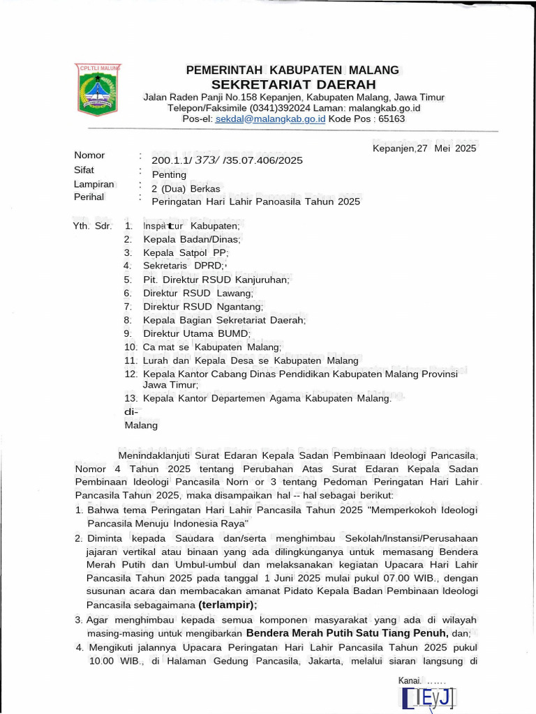Edaran Peringatan Harlah Pancasila 2025 Pemkab Malang | PDF