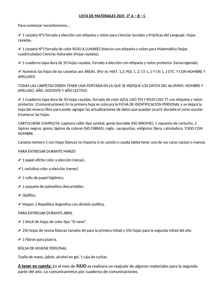Lista de Materiales 3 Abyc 2025 | PDF