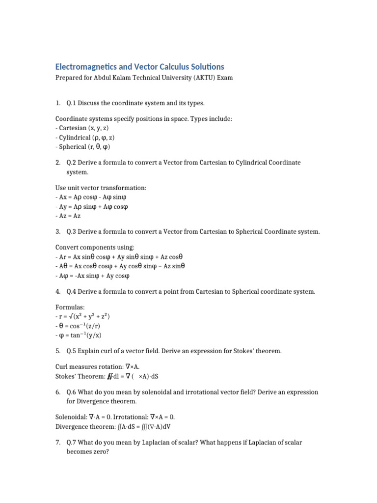AKTU Electromagnetics VectorCalculus Solutions | PDF | Coordinate System | Gradient