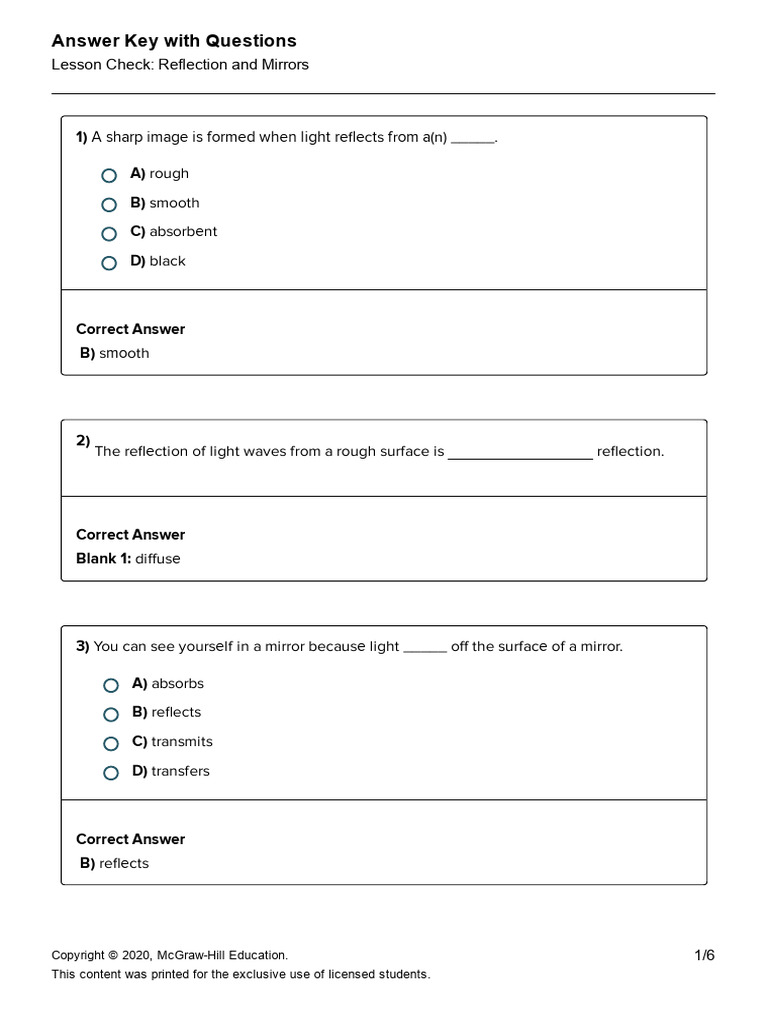 Lesson Check Answer Key - Reflection and Mirrors | PDF | Reflection (Physics) | Mirror