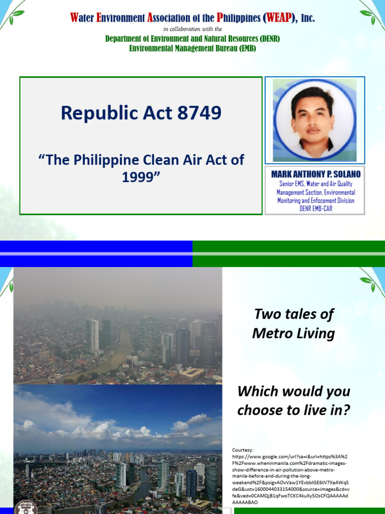 RA 8749 Clean Air ACt Mr. Mark Anthony Solano | PDF | Air Pollution ...