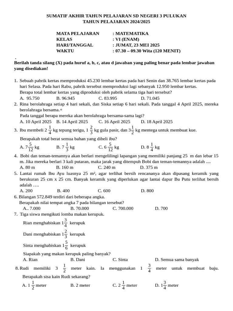 Soal Ujian Sekolah Matematika | PDF