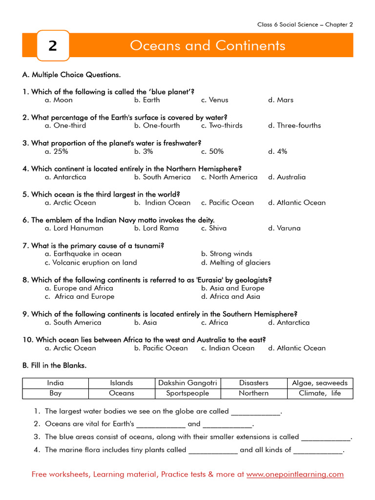 Chapter 2 Oceans and Continents Worksheet | PDF | Oceans | Earth