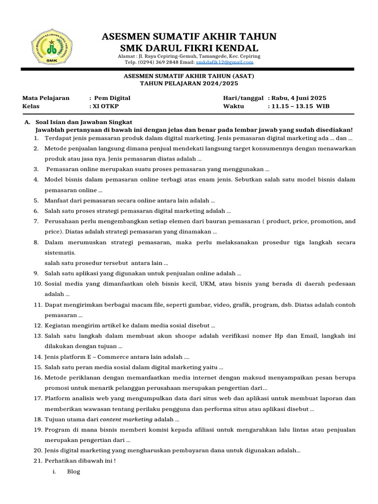 Soal Pem Digital Xi Fix | PDF