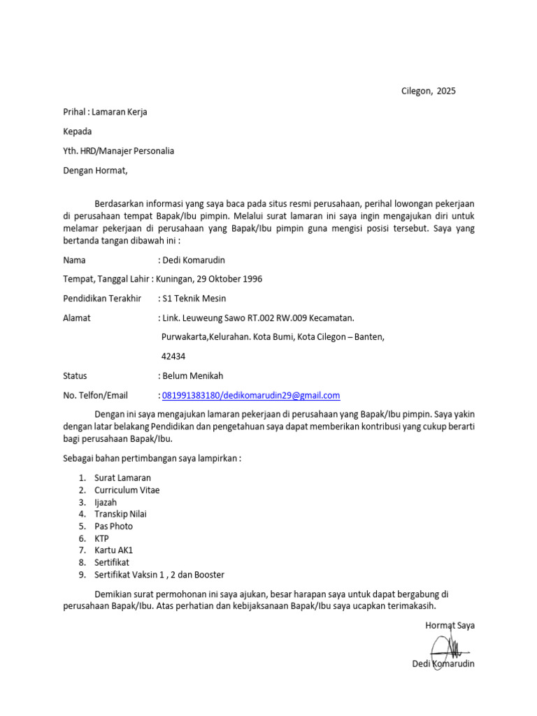 Surat Lamaran Kerja 2025 - Dedi Komarudin-Compressed | PDF