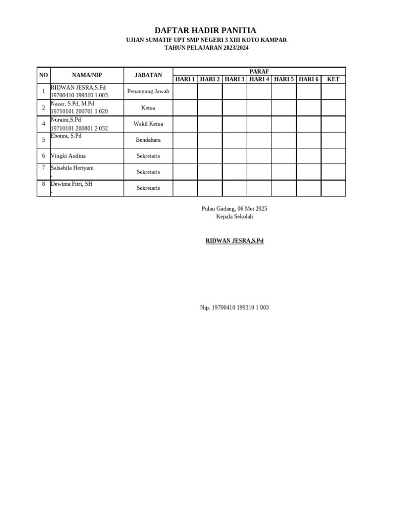 Daftar Hadir Panitia - 2025 | PDF