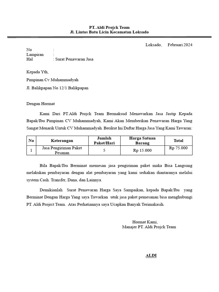 Surat Penawaran Jasa - Aldi | PDF