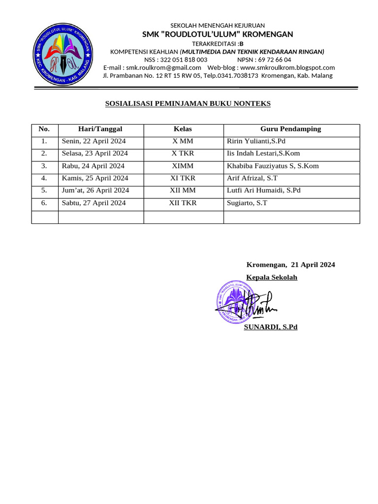 Jadwal Sosialisasi Peminjaman Buku | PDF