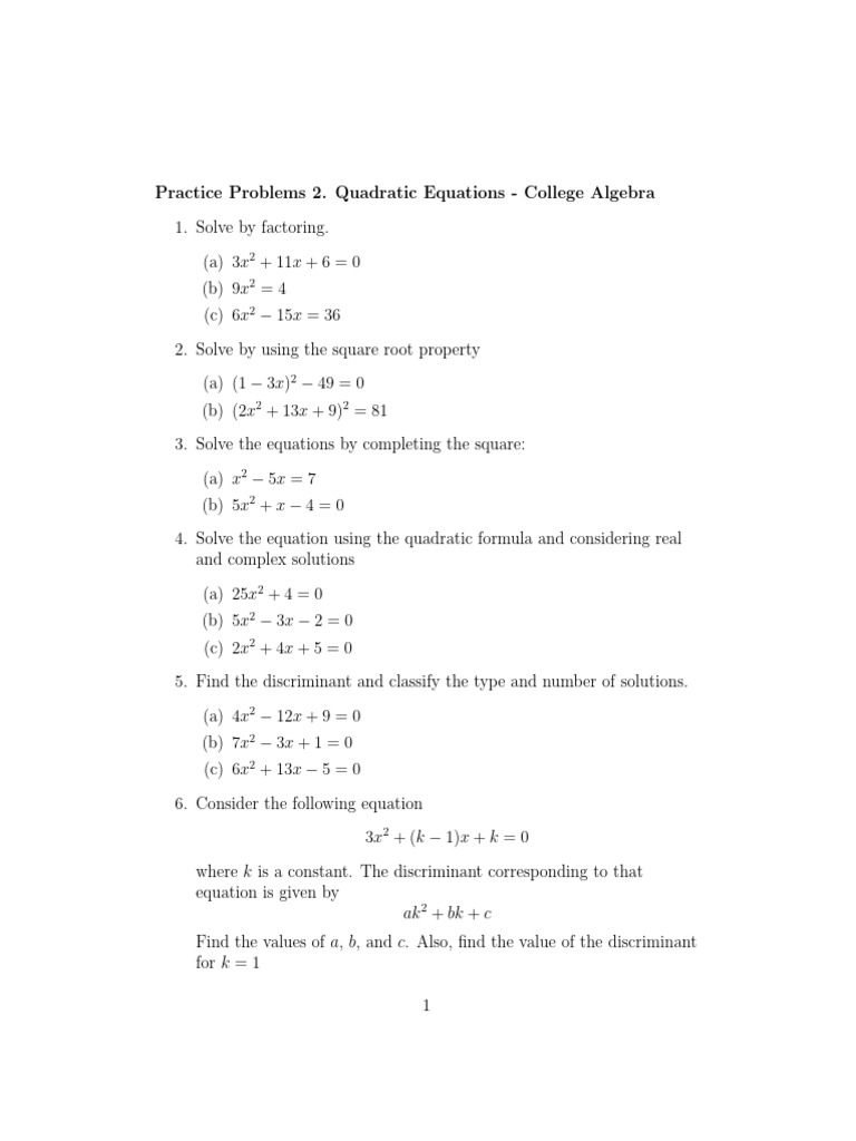 Quadratic Equations Practice Problems | PDF | Quadratic Equation ...