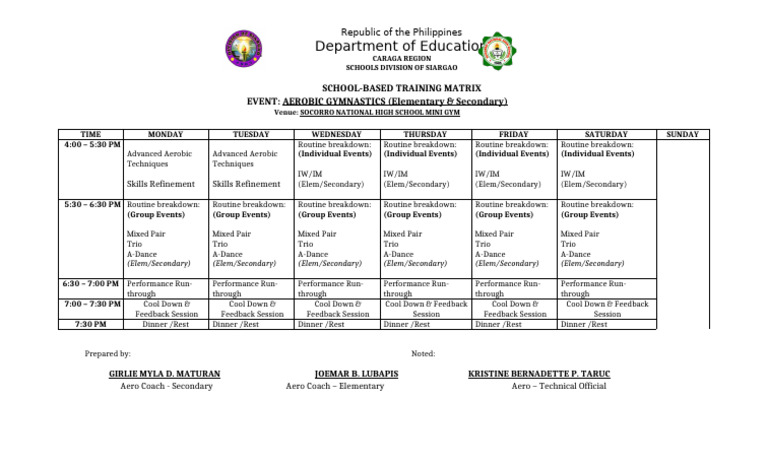 Training Matrix Aero Gymnastics Elem Secondary | PDF