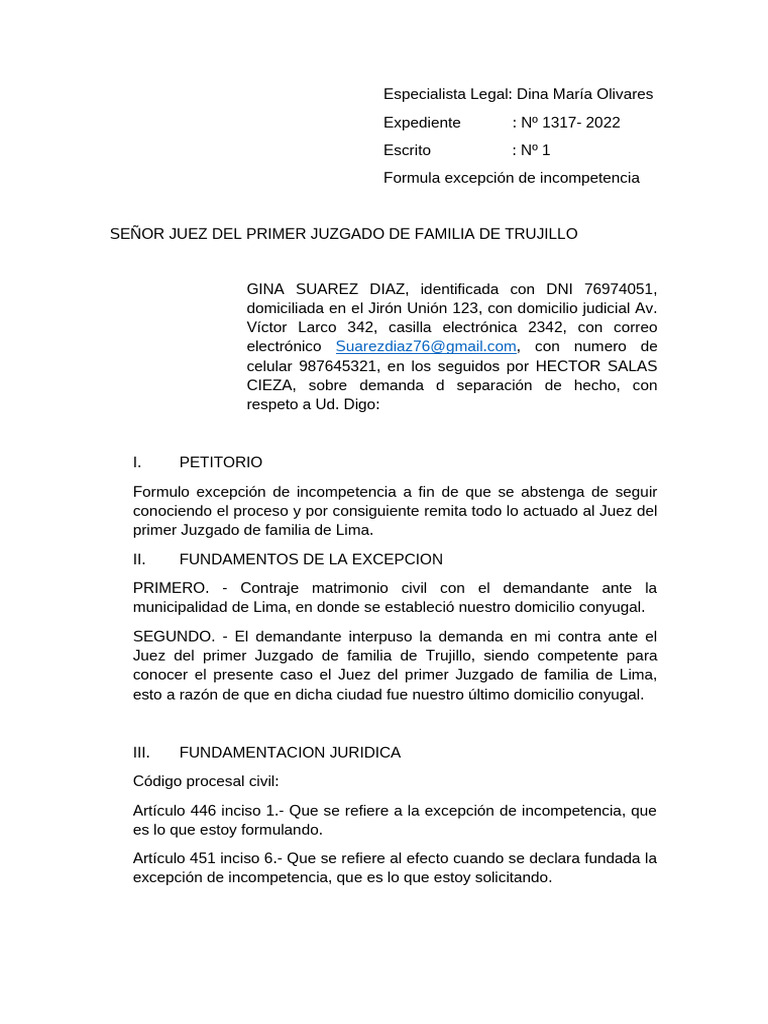 Escrtios de Excepciones en El Proceso Civil | PDF | Demanda judicial ...