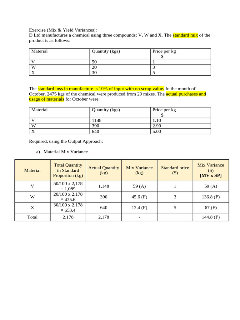 Exercise Mix & Yield Variances Exercise 1 | PDF