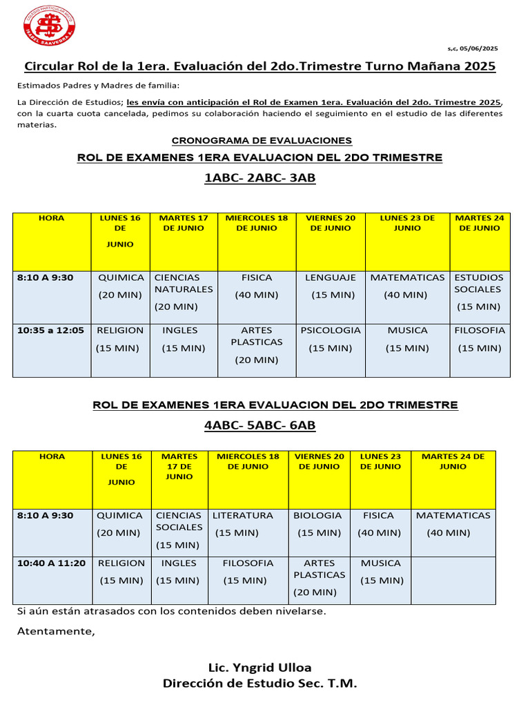 Circular Rol de Examenes de La 1era - Eval. 2do. Trim. t.m.2025 | PDF