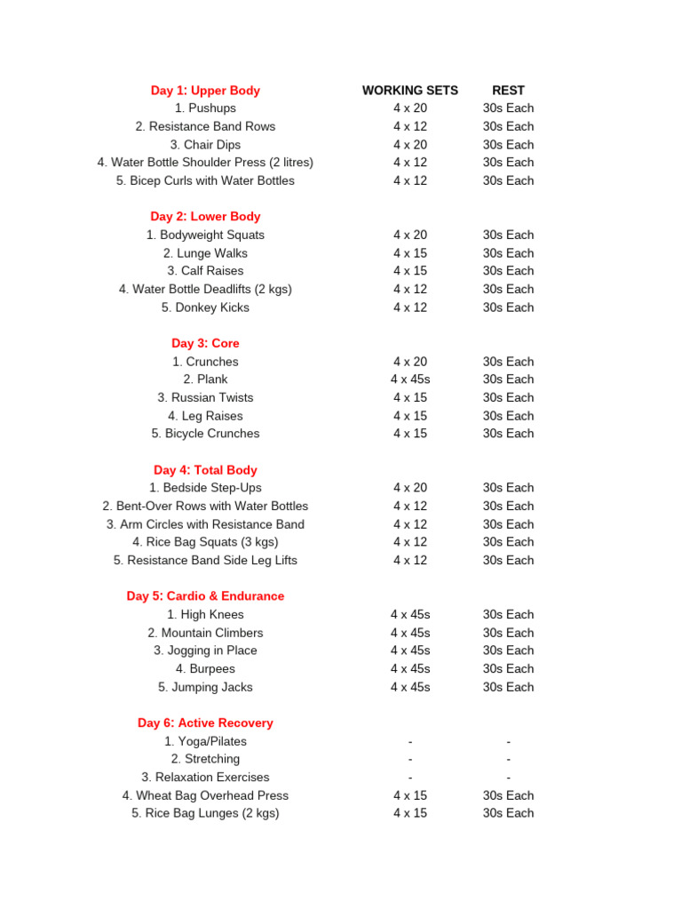 Home Workout 6-Day Split | PDF | Physical Fitness | Physical Exercise