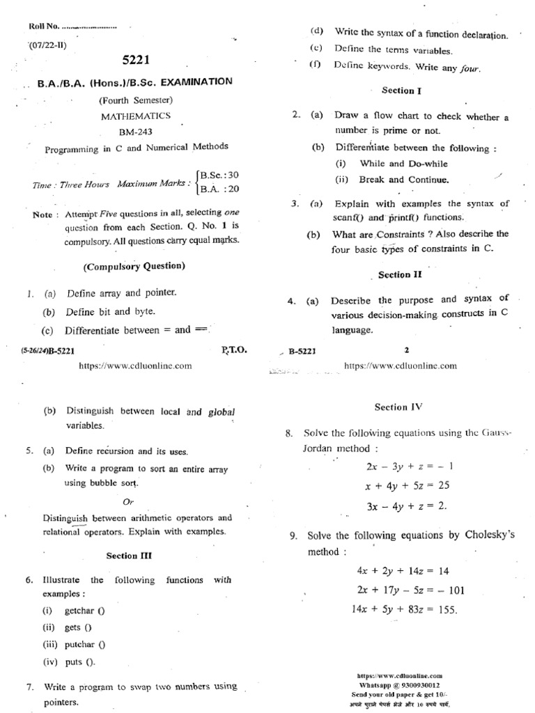 Ba BSC 4 Sem Mathematics Programming in C and Numerical Methods | PDF