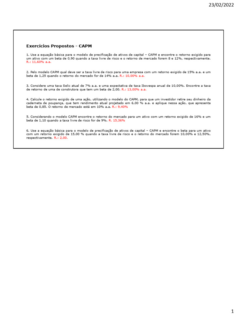Exercícios Propostos - CAPM | PDF