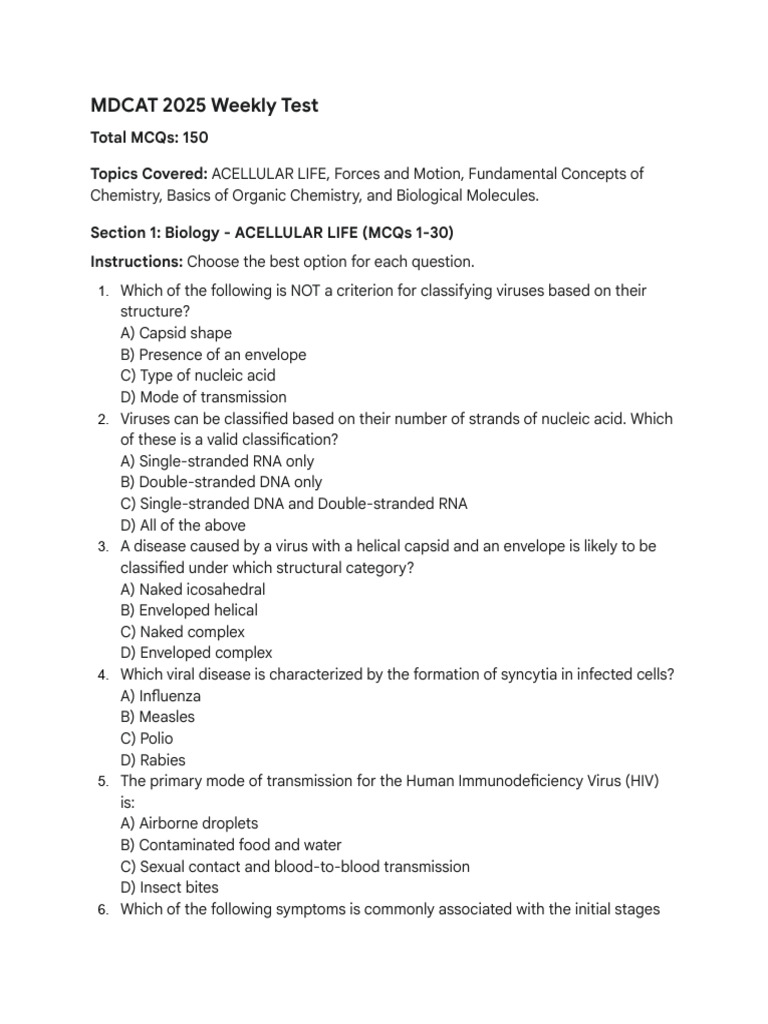 MDCAT 2025 Weekly Test MCQs Guide | PDF | Virus | Gases