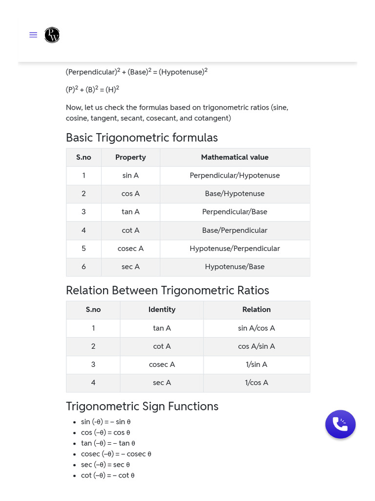 Trigonometry Formula For Class 10 - All Important Formula - PW | PDF | Trigonometric Functions ...