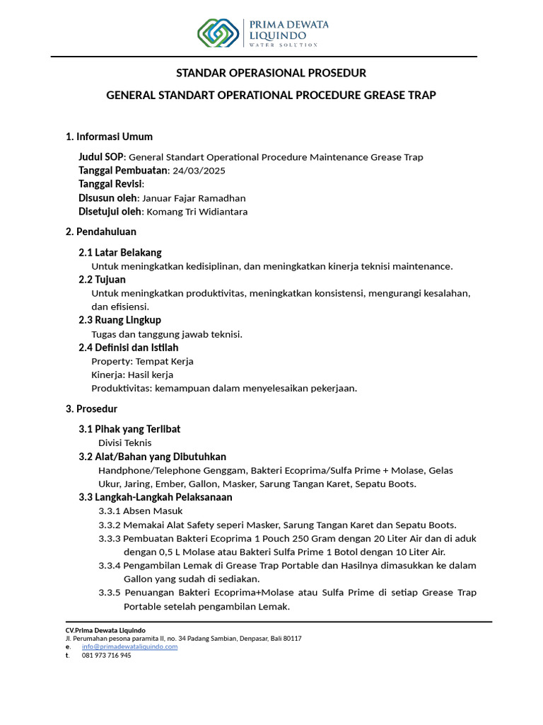 SOP Pemeliharaan Grease Trap CV Prima Dewata | PDF