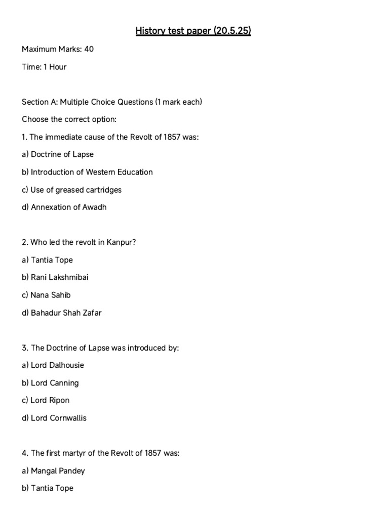 History Test Pa-WPS Office | PDF | Indian Rebellion Of 1857 | British India