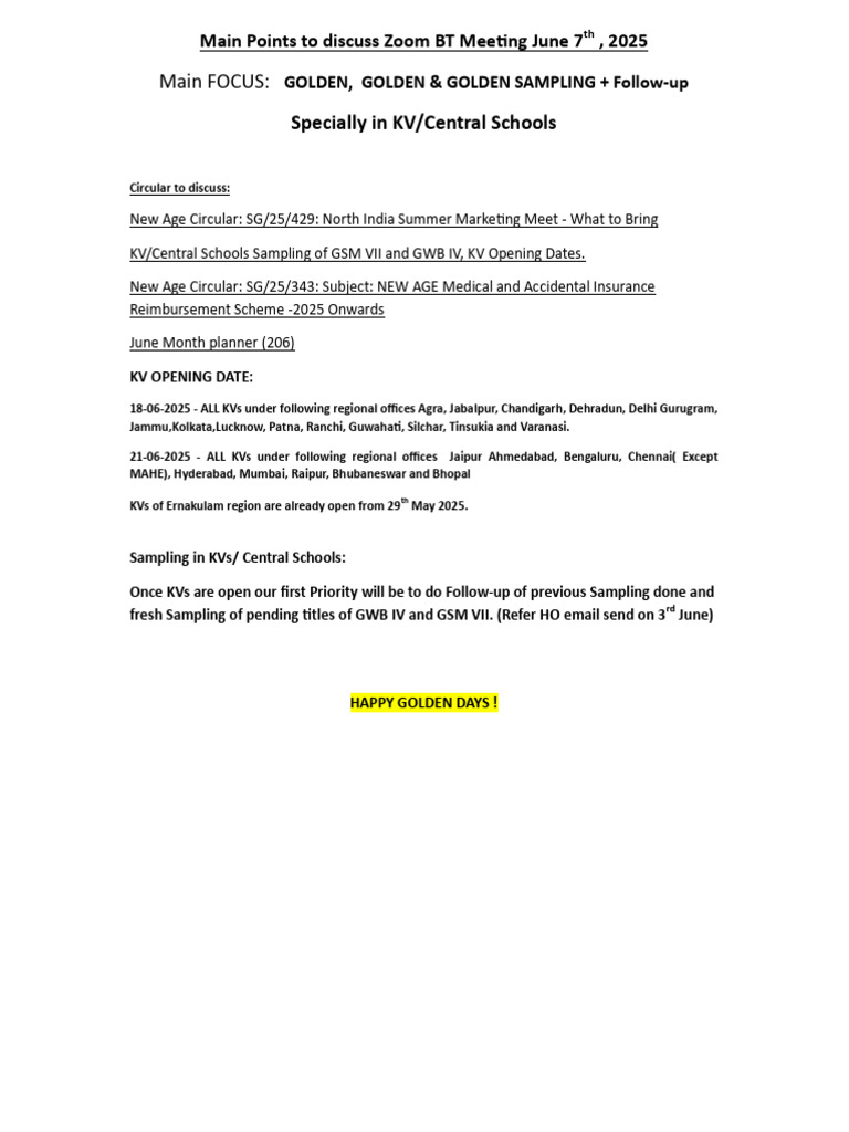 W24 Main Points To Discuss Zoom BT Meeting June 07 2025 | PDF