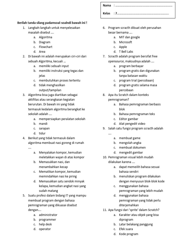 KELAS 7 Soal Latihan Bab 2 Algoritma Dan Pemrograman | PDF