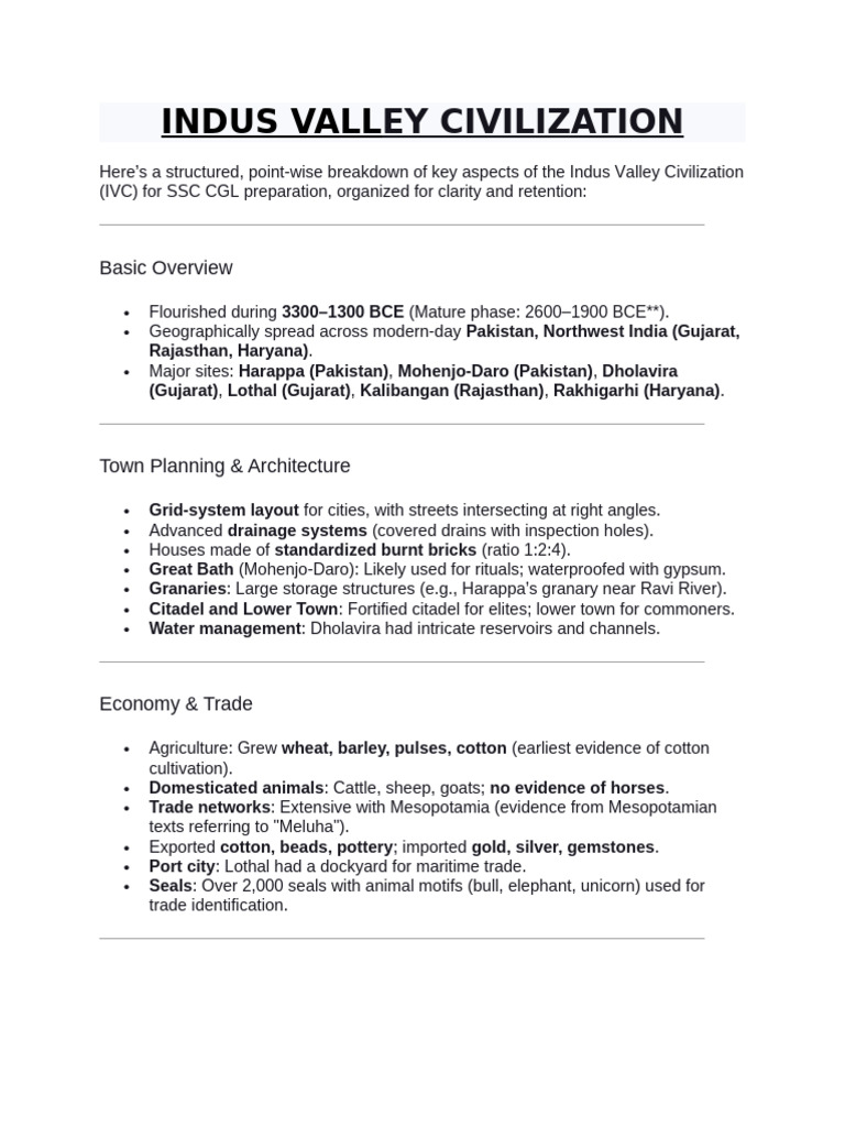 Indus Valley Civilization Overview for SSC CGL | PDF