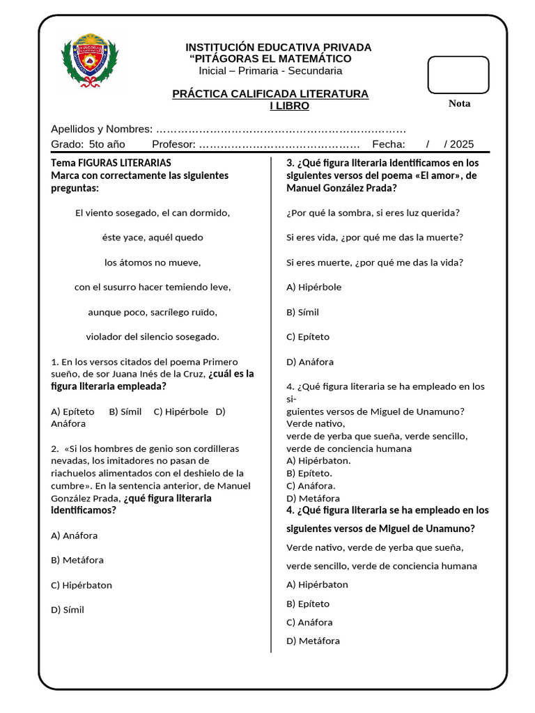 Nivel Pre - Practica - 5to Año - Literatura | PDF