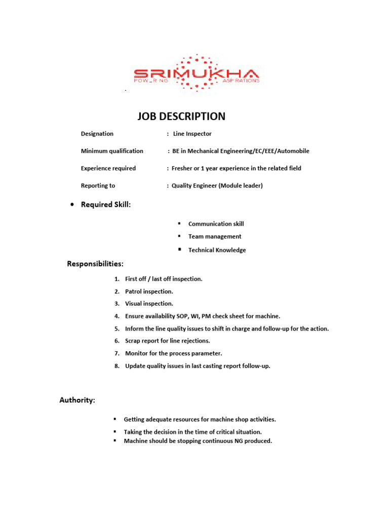 JD - Quality - Line Inspector - Final | PDF