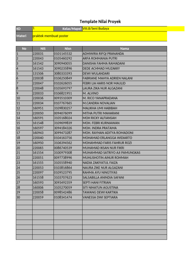 Template Nilai Proyek-VIII.b-seni Budaya | PDF