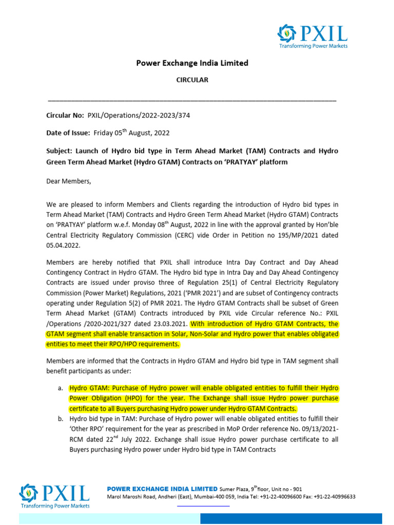 Power Exchange India Limited: PXIL/Operations/2022-2023/374 Friday 05 ...