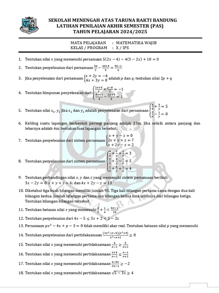 Latihan Soal Persiapan PAS Matematika Wajib Kelas X IPS | PDF