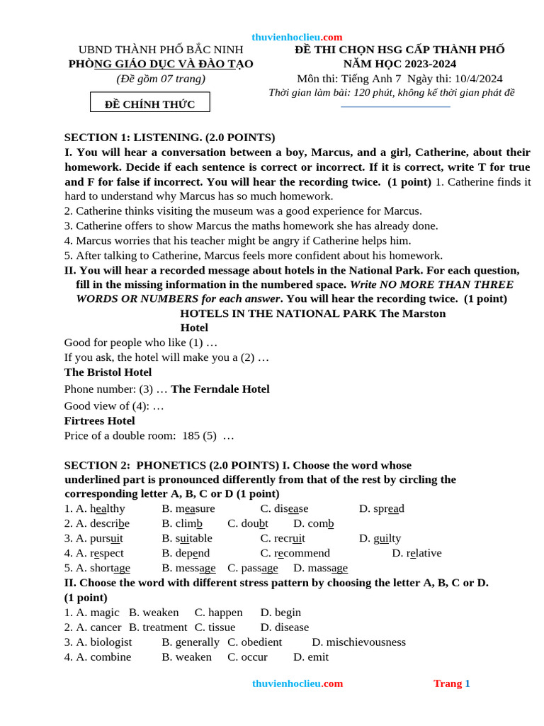 De Thi HSG Anh 7 TP Bac Ninh 23 24 | PDF | Citizenship | Citizenship Of ...