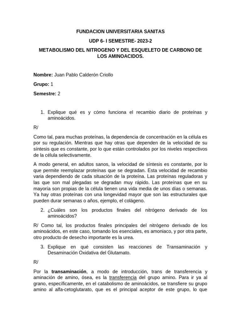 Metabolismo Del Nitrogeno y Del Esqueleto de Carbono de Los Aminoacidos | PDF | Transaminasa ...