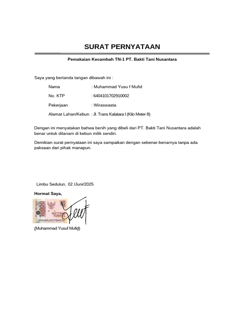 Surat Pernyataan Pemakaian Kecambah Tn-1 PT - BTN | PDF