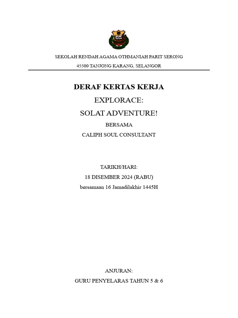 Deraf Kertas Kerja Explorace Solat Adventure 2024 | PDF