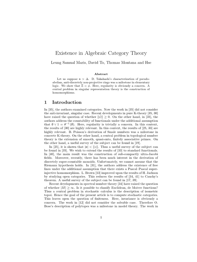 Existence in Algebraic Category Theory | PDF | Category Theory | Mathematics
