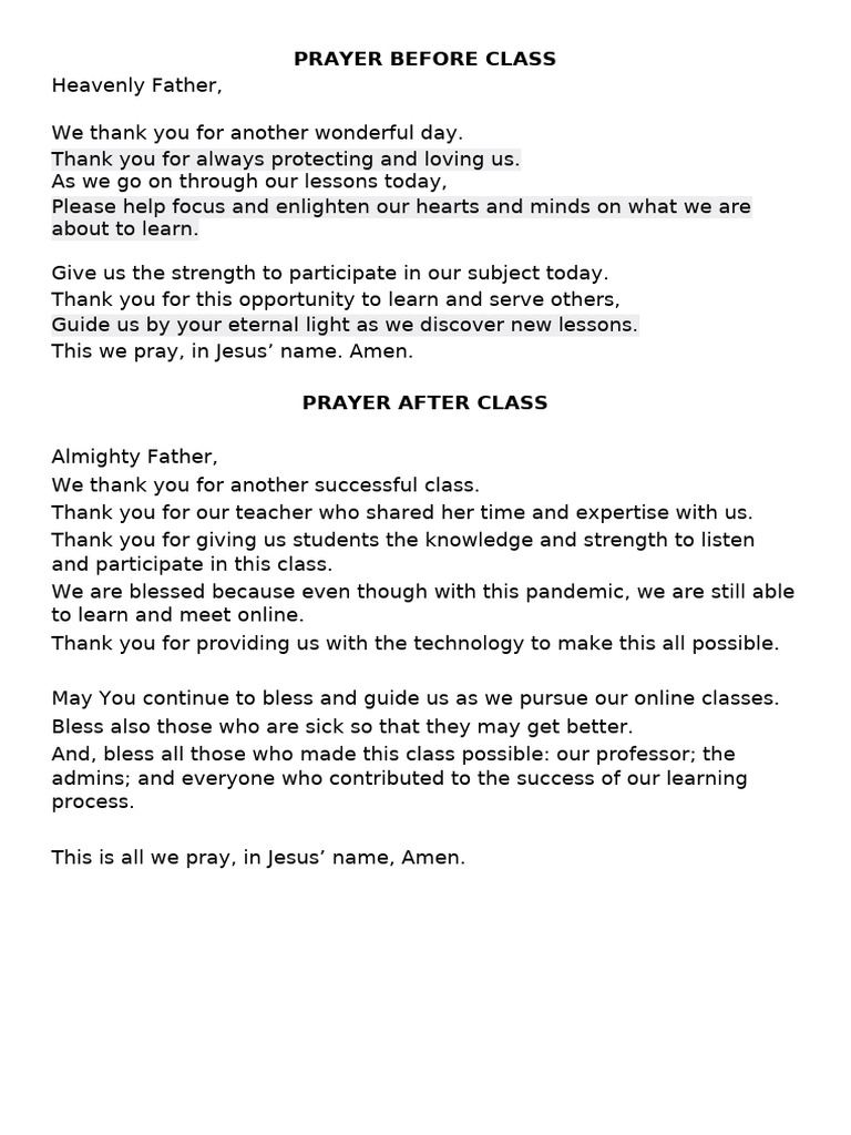 Prayer Before&After Class | PDF
