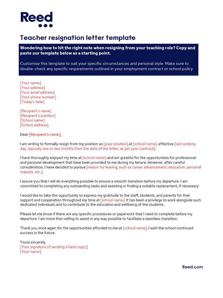 Teacher Resignation Letter Template - Reed | PDF